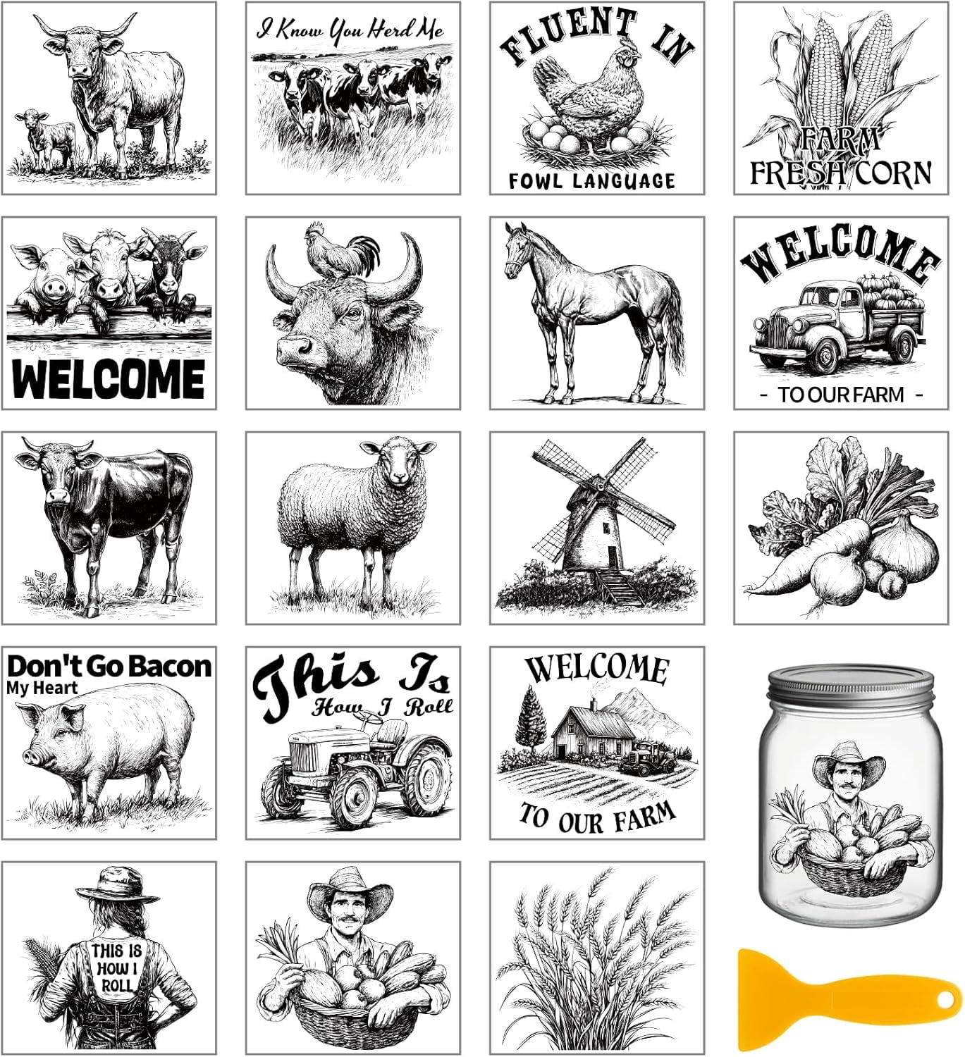 18 Sheets Farm Animals Transfer Stickers 3.9x3.6inch Black and White ...