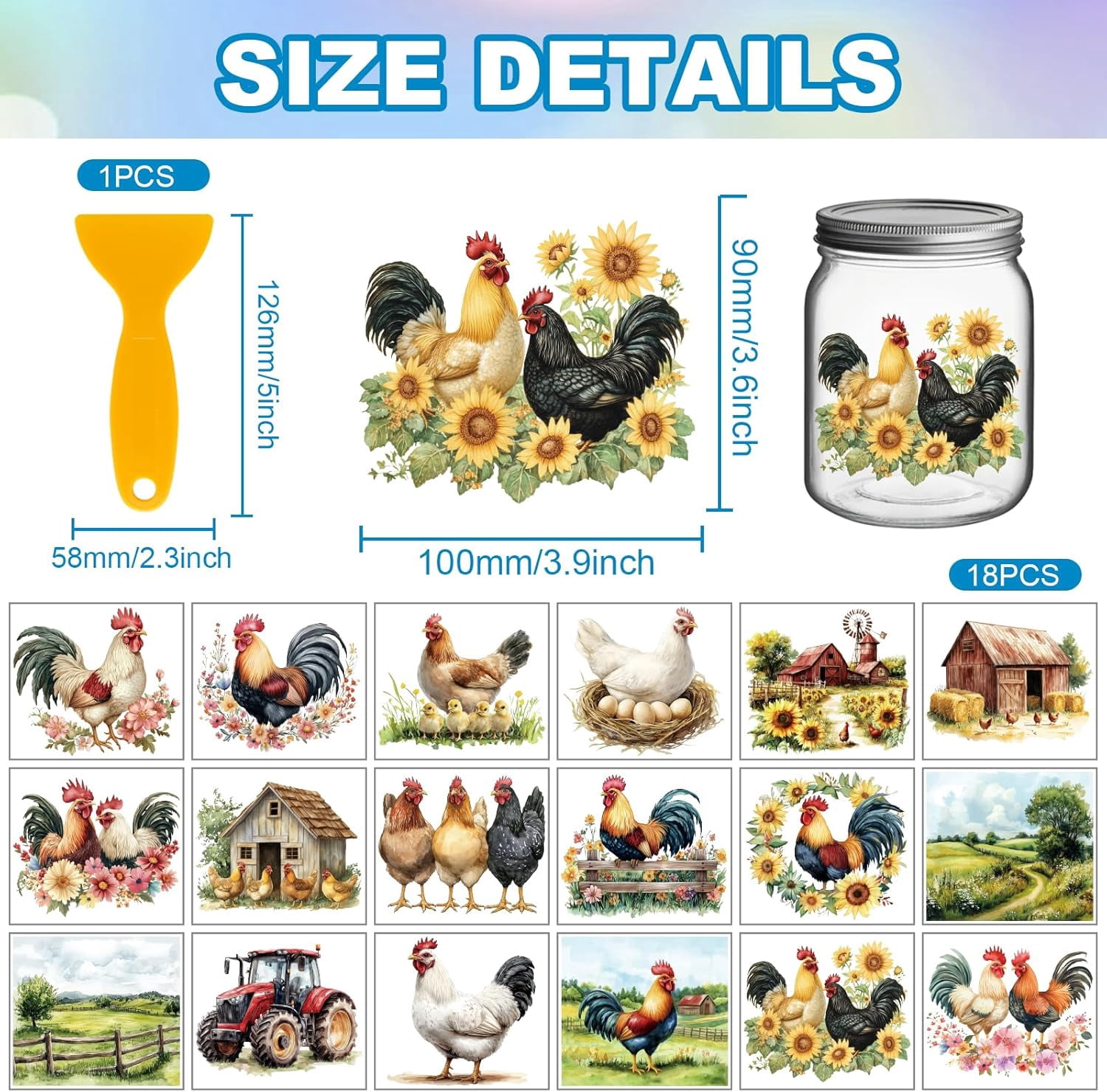 18 Sheets Farm Chicken Transfer Stickers 3.9x3.6inch Rooster Colorful ...