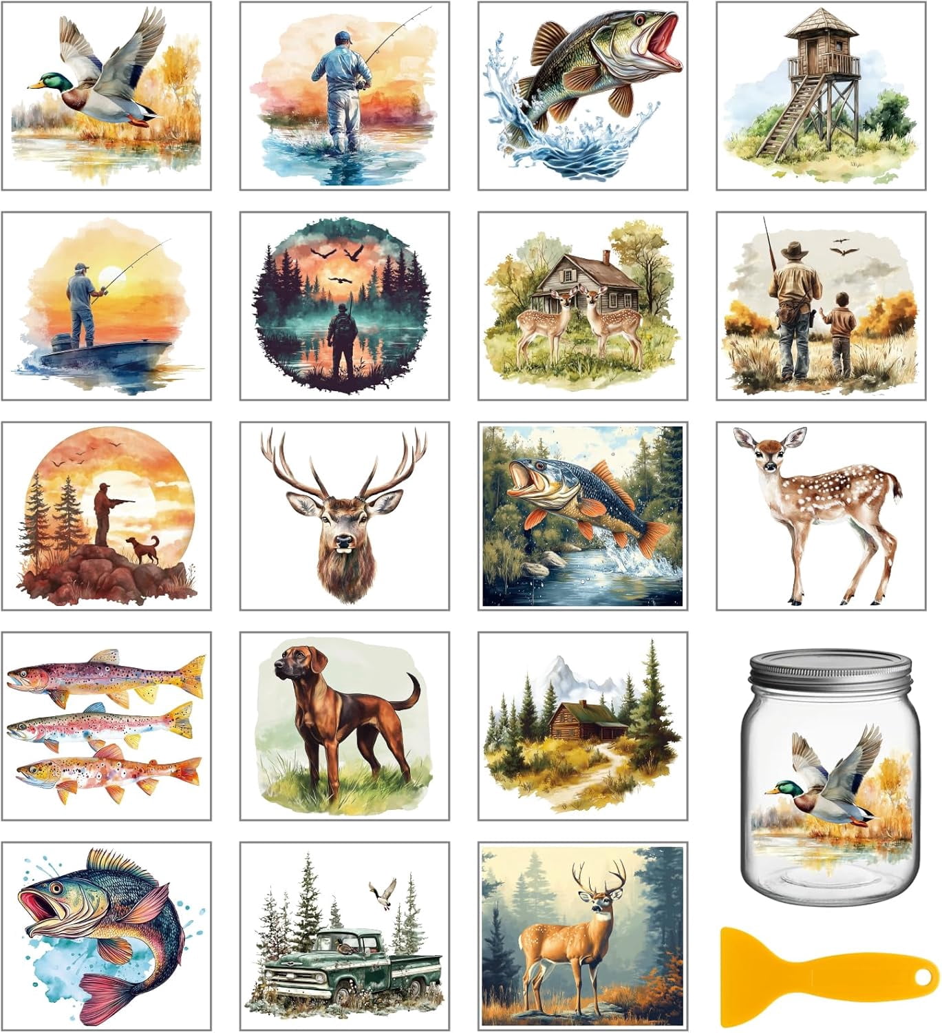 18 Sheets Fishing Hunting Transfer Stickers 3.9x3.6inch Duck Hounds ...