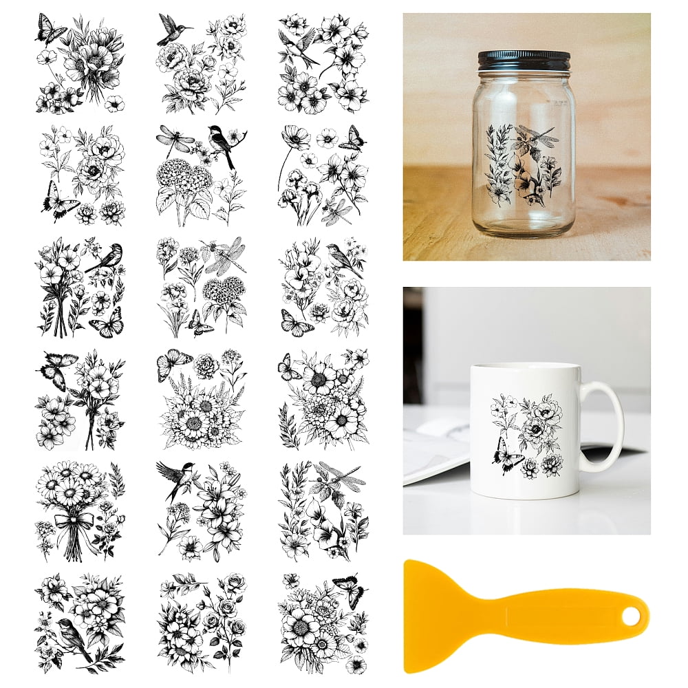 18 Sheets Flowers Birds Rub on Transfer 3.9x3.6inch Peonies Butterflies ...