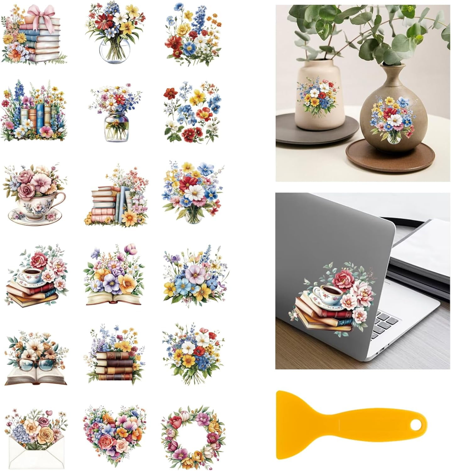 18 Sheets Flowers and Books Transfer Stickers 3.9x3.6inch Colorful ...