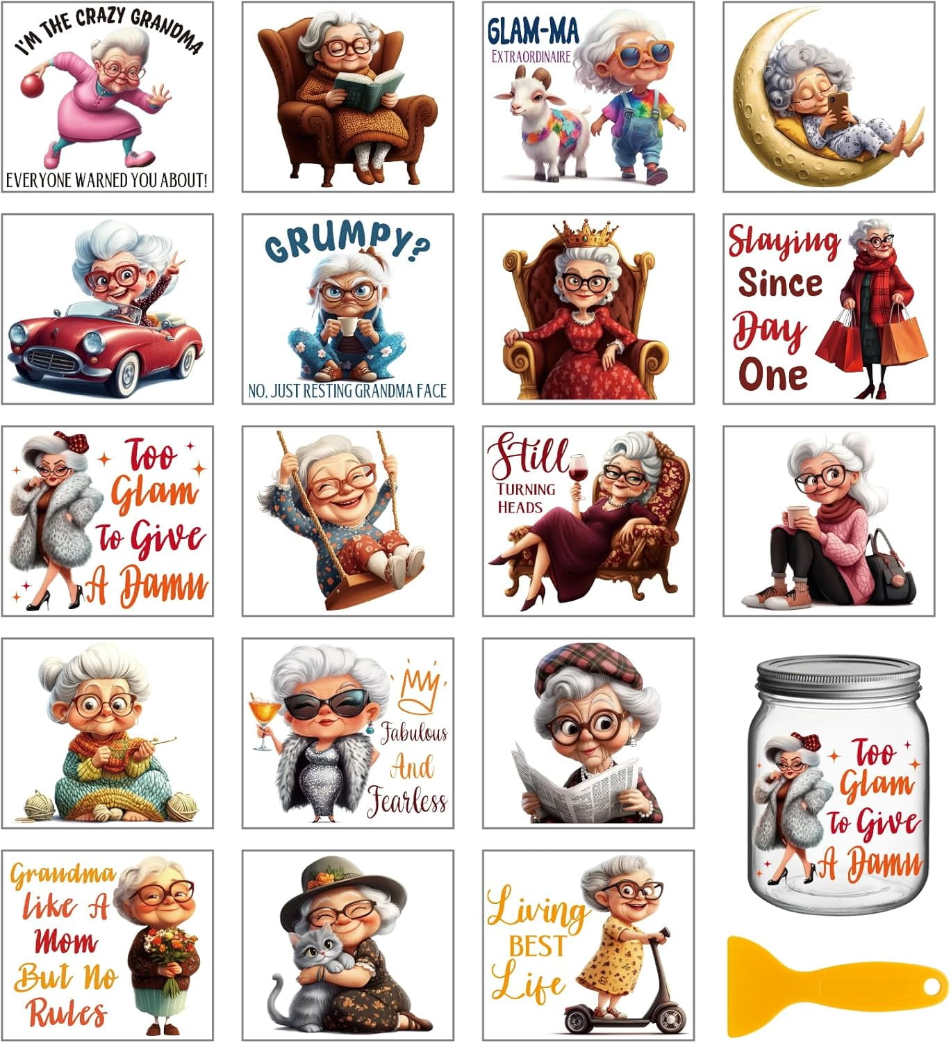 18 Sheets Funny Old Lady Transfer Stickers 3.9x3.6inch Elderly Person ...