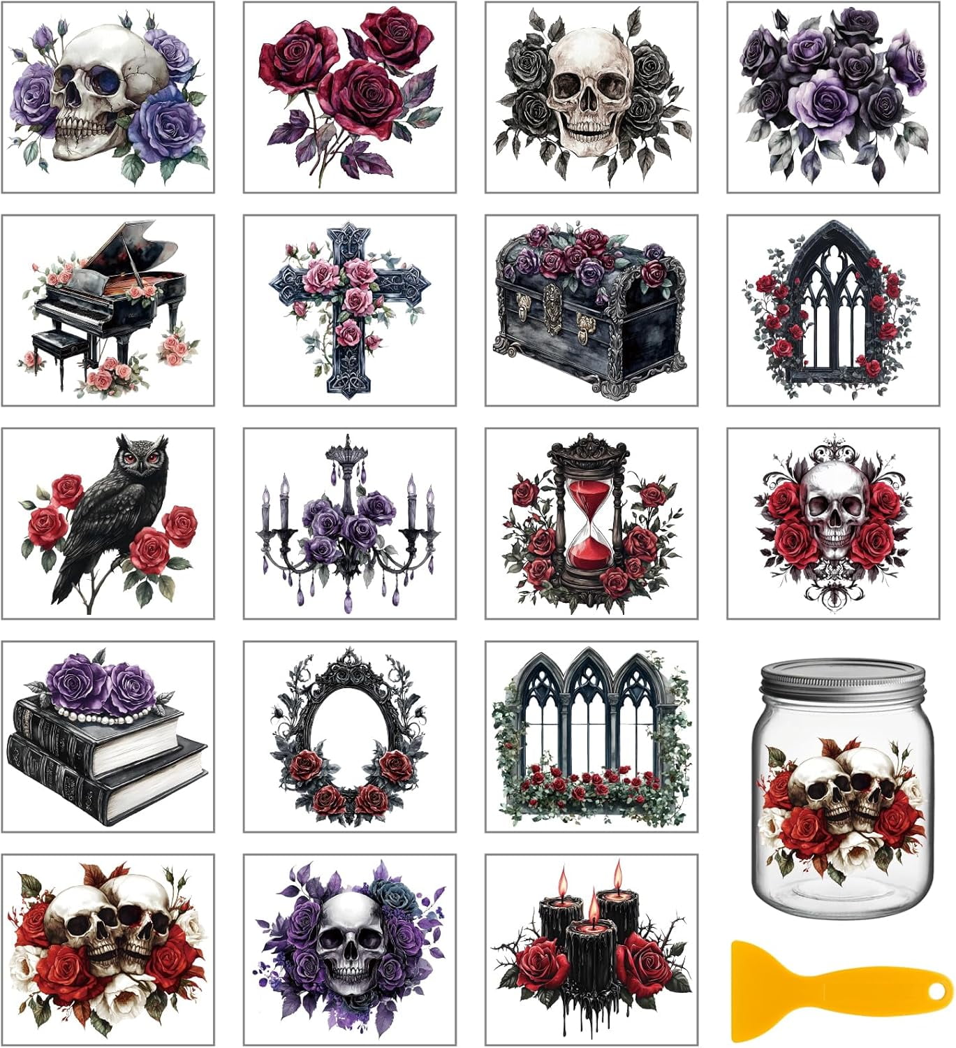 18 Sheets Gothic Roses Transfer Stickers 3.9x3.6inch Gothic Skeleton ...