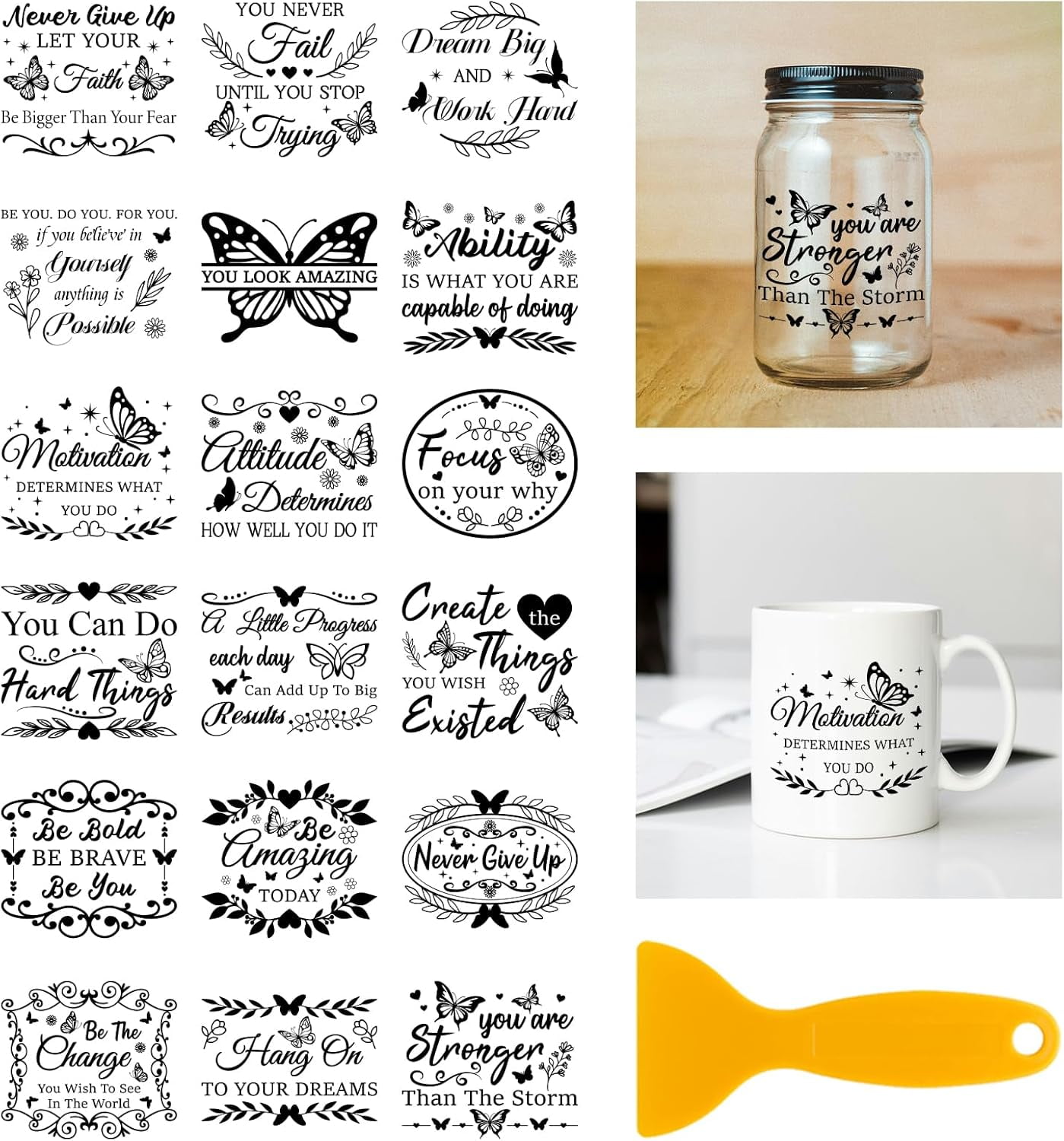 18 Sheets Inspirational Words Rub on Transfer 3.9x3.6inch Butterfly ...