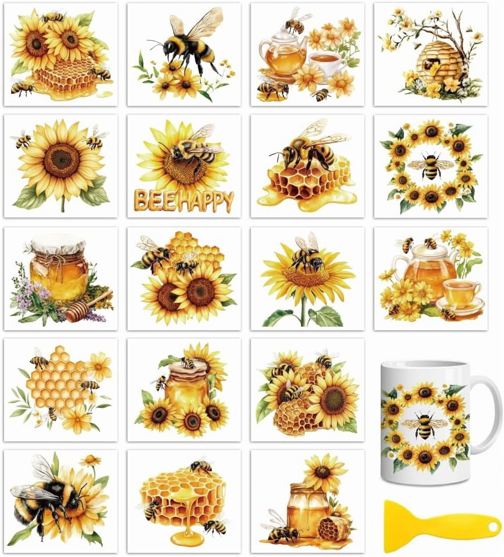 18 Sheets Rub On Transfers for CraftsBees and Sunflowers UV DTF Cup ...