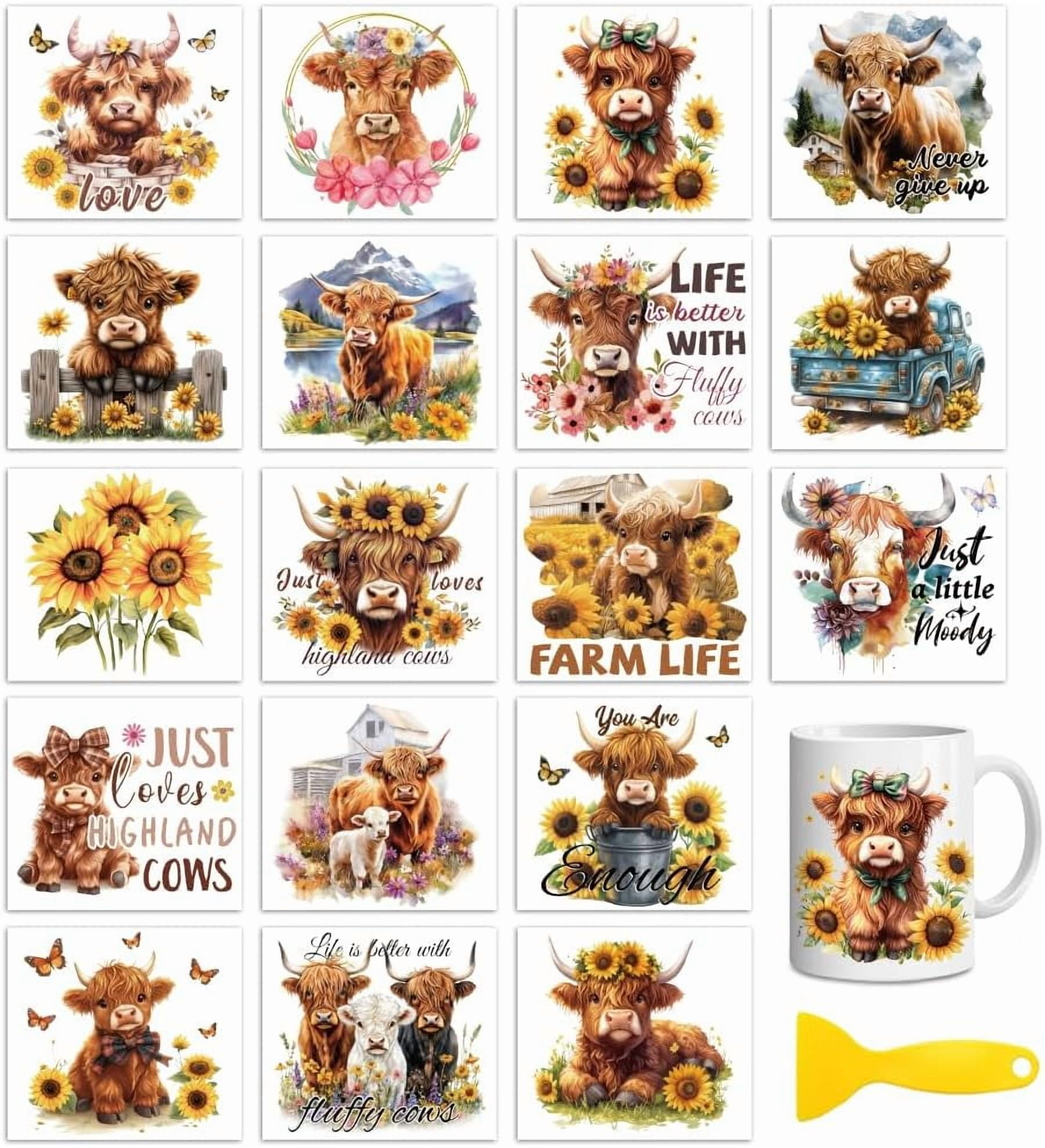 18 Sheets Rub On Transfers for CraftsHighland Cattle UV DTF Cup Wrap ...