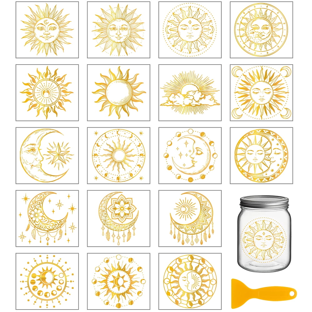 18 Sheets Sun and Moon Gold Foil Transfer Stickers 3.9x3.6inch Colorful ...