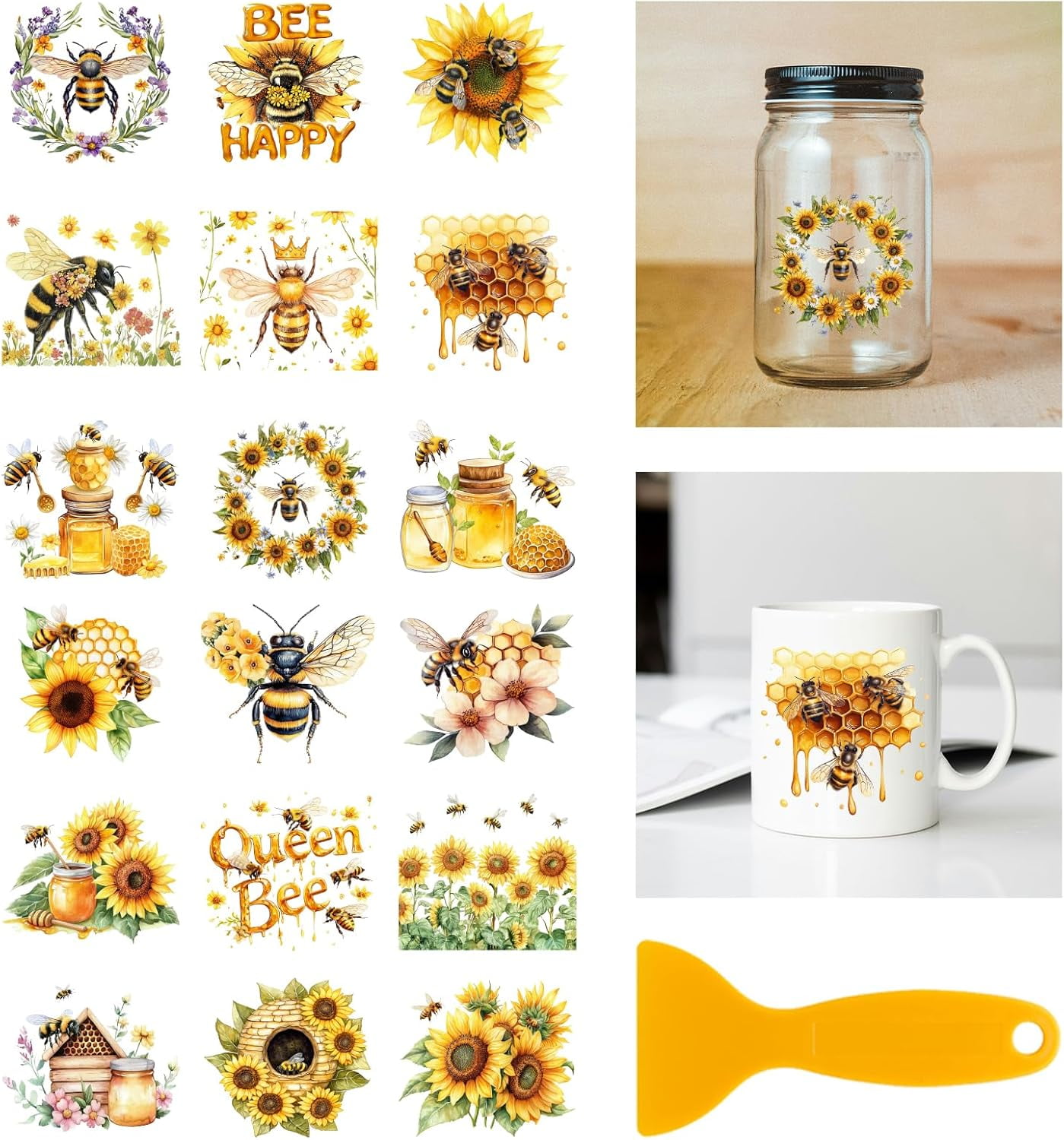 18 Sheets Sunflower and Bee Transfer Stickers 3.9x3.6inch Honey and Bee ...