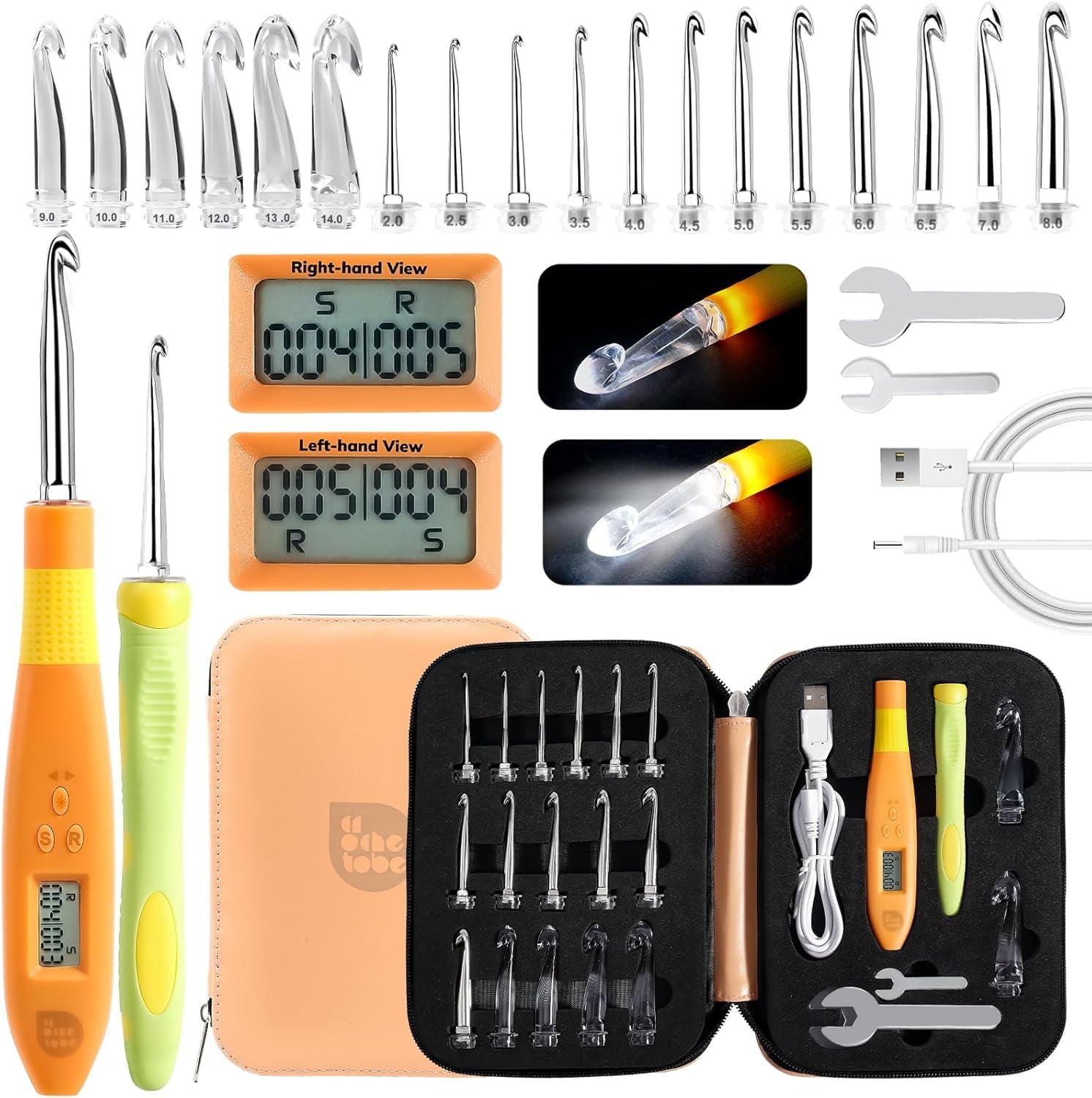 18 Size Light Up Crochet Hook Set - Digital Crochet Stitch Counter ...