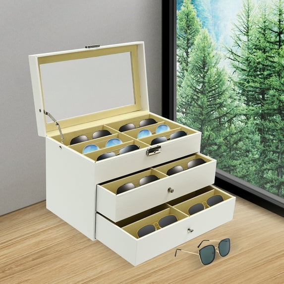 18-Slot Sunglasses Storage Box with Clear Lid, Lock & Key, PU & Fluff ...