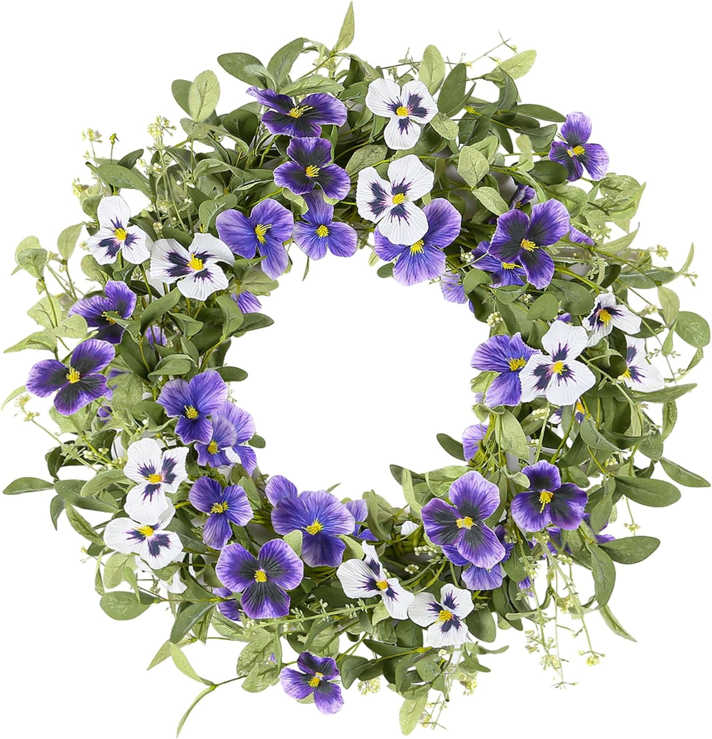 18" Spring Summer Floral Wreath for Front Door, Artificial Purple Pansy ...