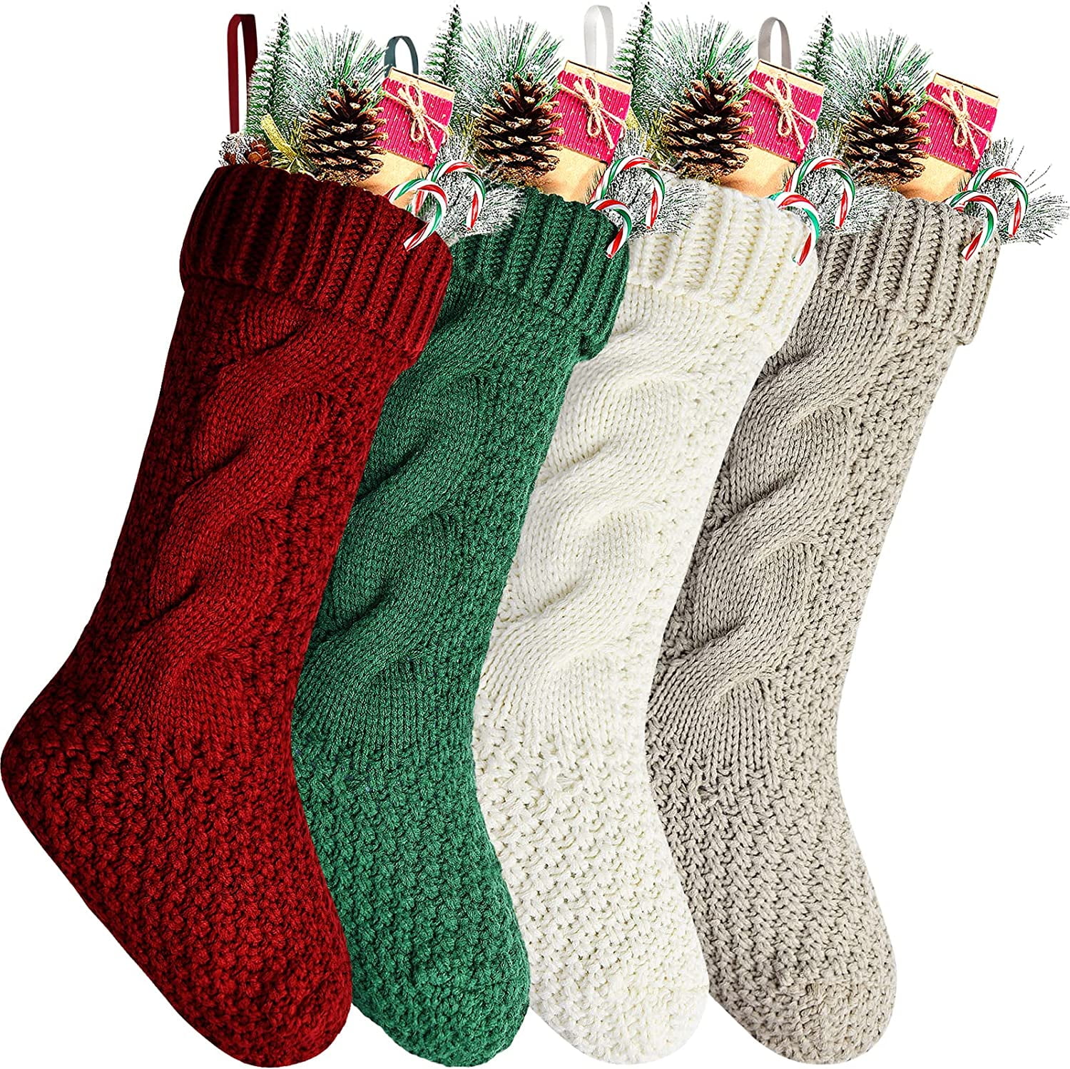 18" Unique Burgundy and Ivory and Green Knitted Christmas Stockings,6 ...