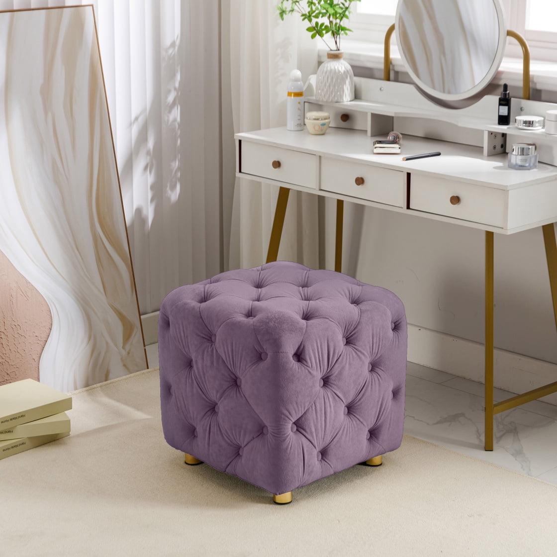 18" Velvet Upholstered Ottoman, Cube Foot Stool with Button Tufted and ...