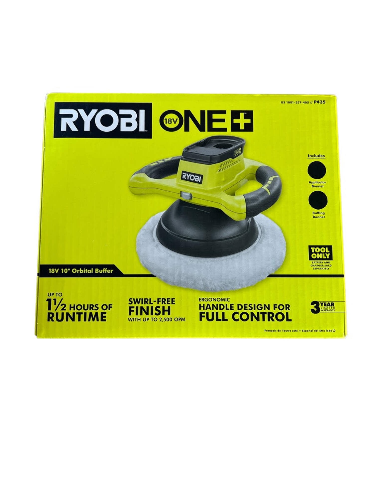 Ryobi P435 One+ 18V Lithium Ion 10 2500 RPM Cordless Orbital Buffer ...