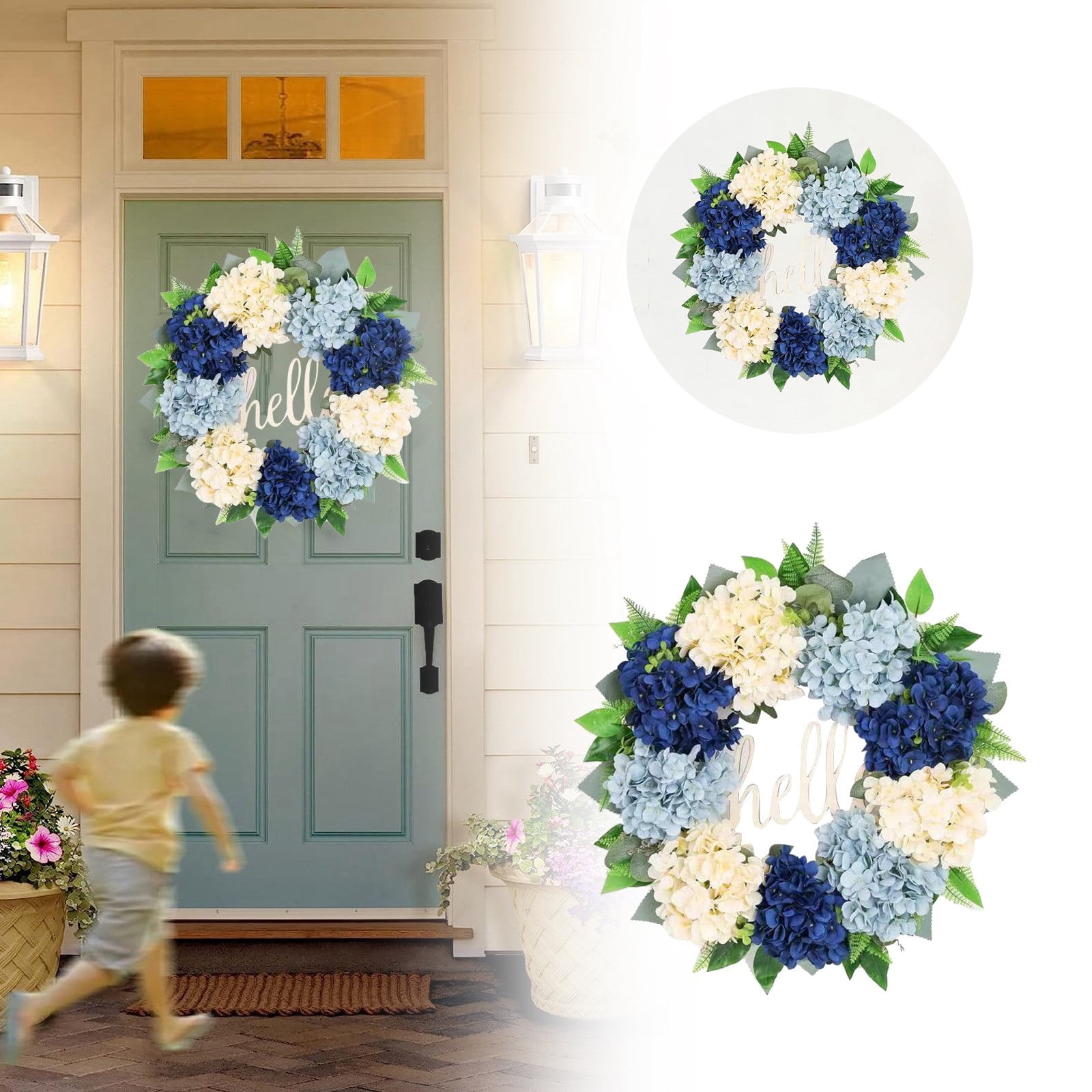 18" White Hydrangea Spring Wreath,Farmhouse Artificial Floral Wreath ...