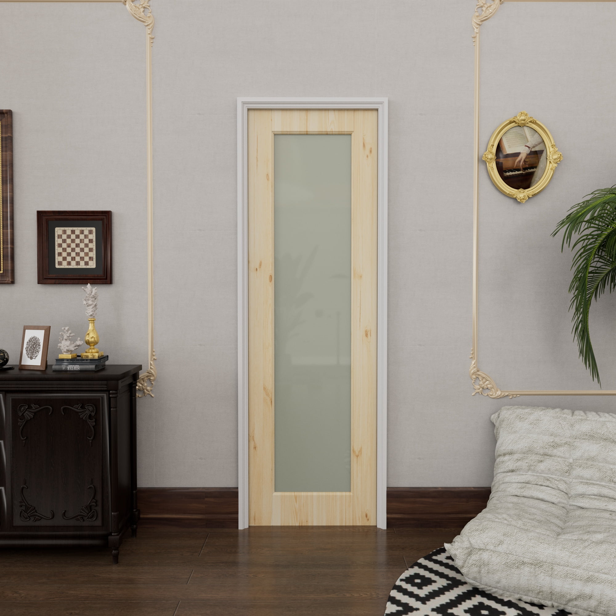 18" X 80" Interior Frosted Glass Door Slab Pine Solid Wood Pantry ...