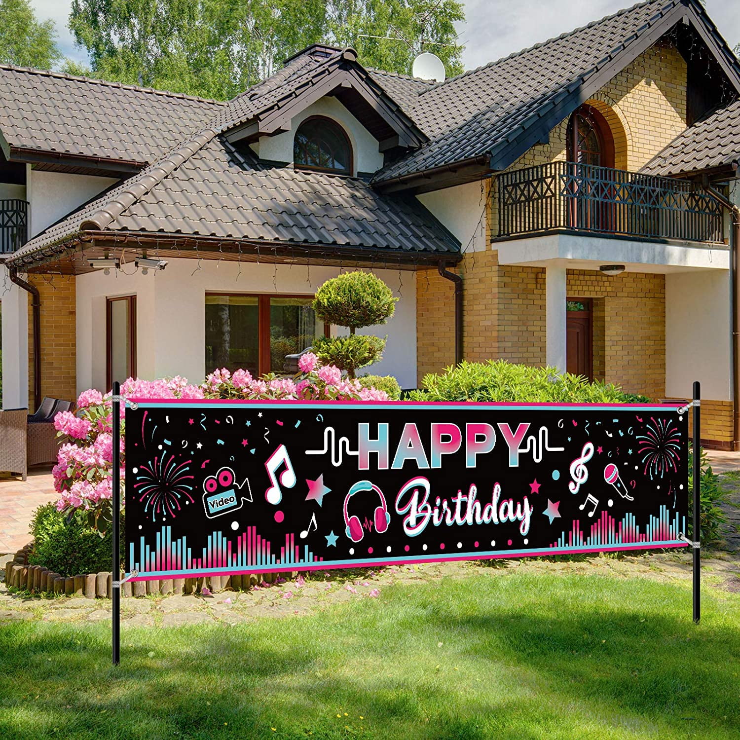 18 X 98 inch Happy Birthday Banner Decorations,Large Fabric Music Party ...