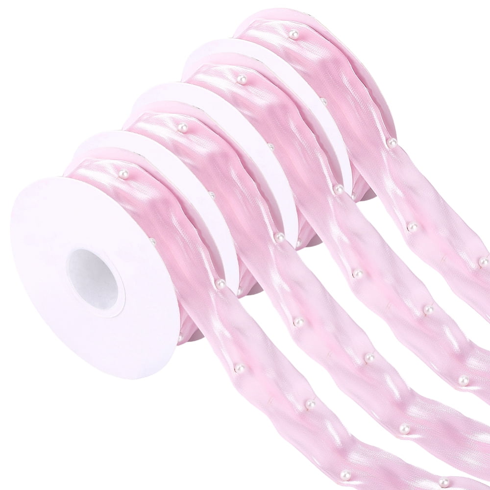 18 Yards Pink Organza Pearl Ribbon White Plastic Beads Silk Fabric Roll ...