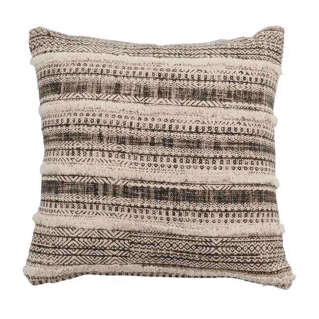 18 in. Tufted Block Print Throw Pillow with Down Filling, Ivory ...