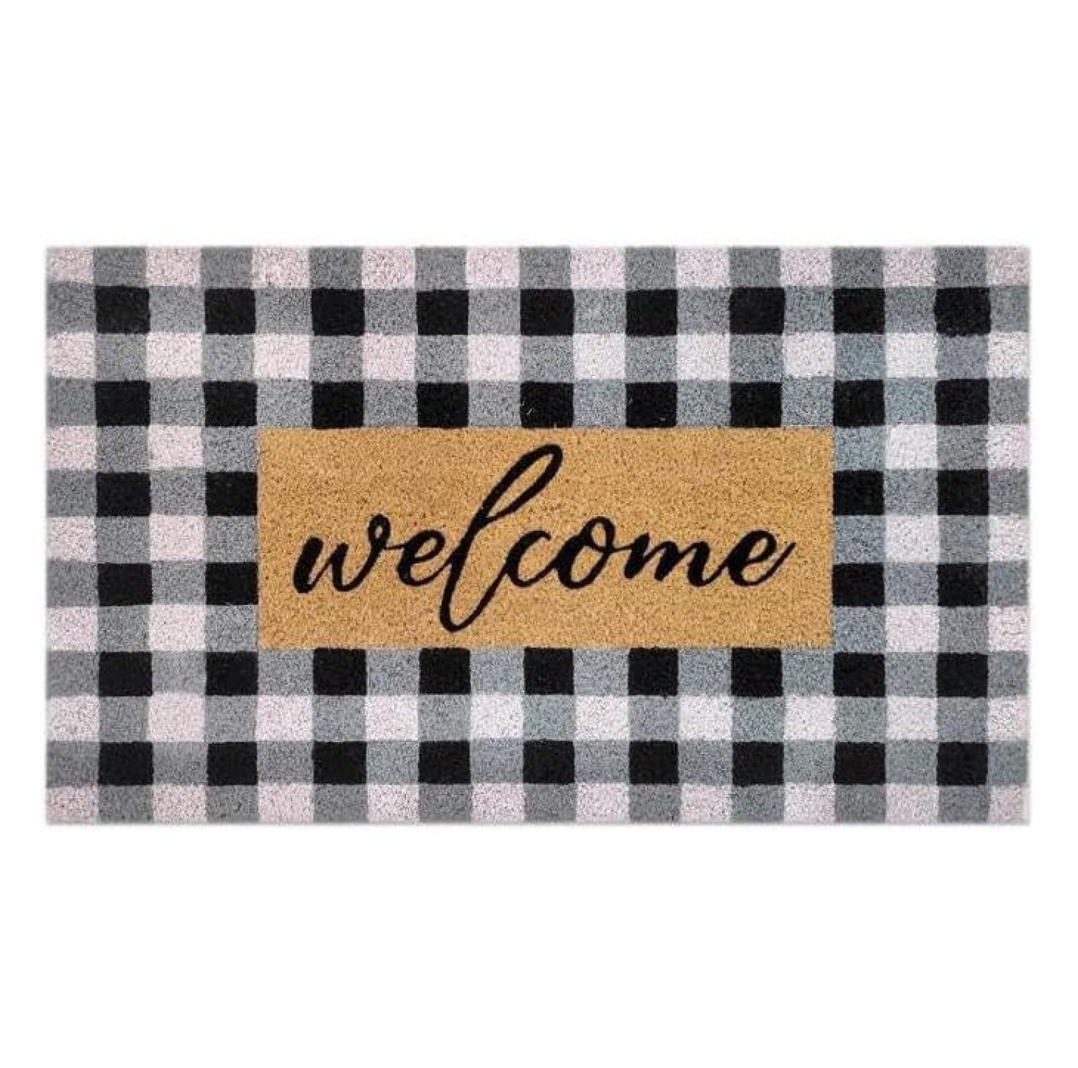 18 in. W X 30 in. L Black/White Checkers Welcome Coir Door Mat ...