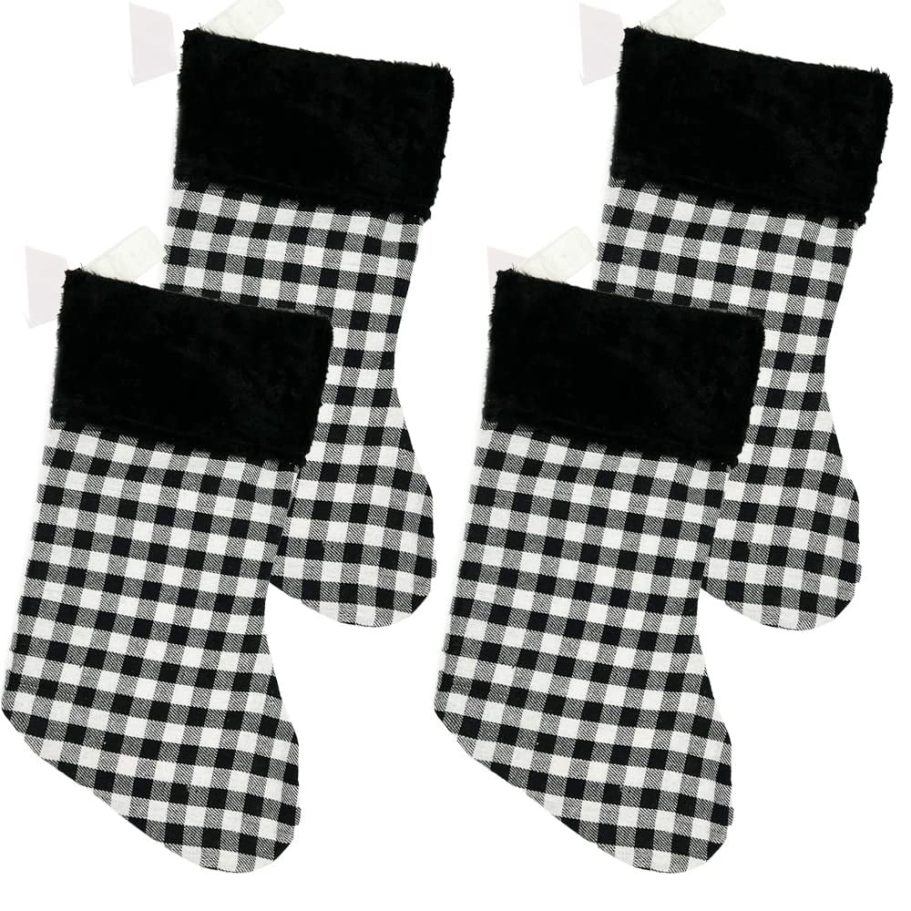 18 inch Christmas Farmhouse Buffalo Plaid Felt Stocking - Black & White ...
