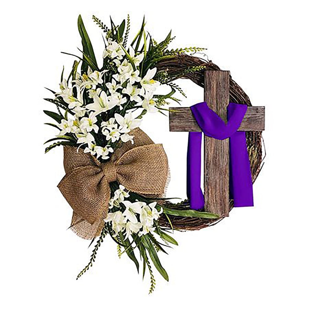 18 inch Easter Wreath with Cross Burlap Bow Rustic Grapevine Wreath Farmhouse Decor DIY Easter ...
