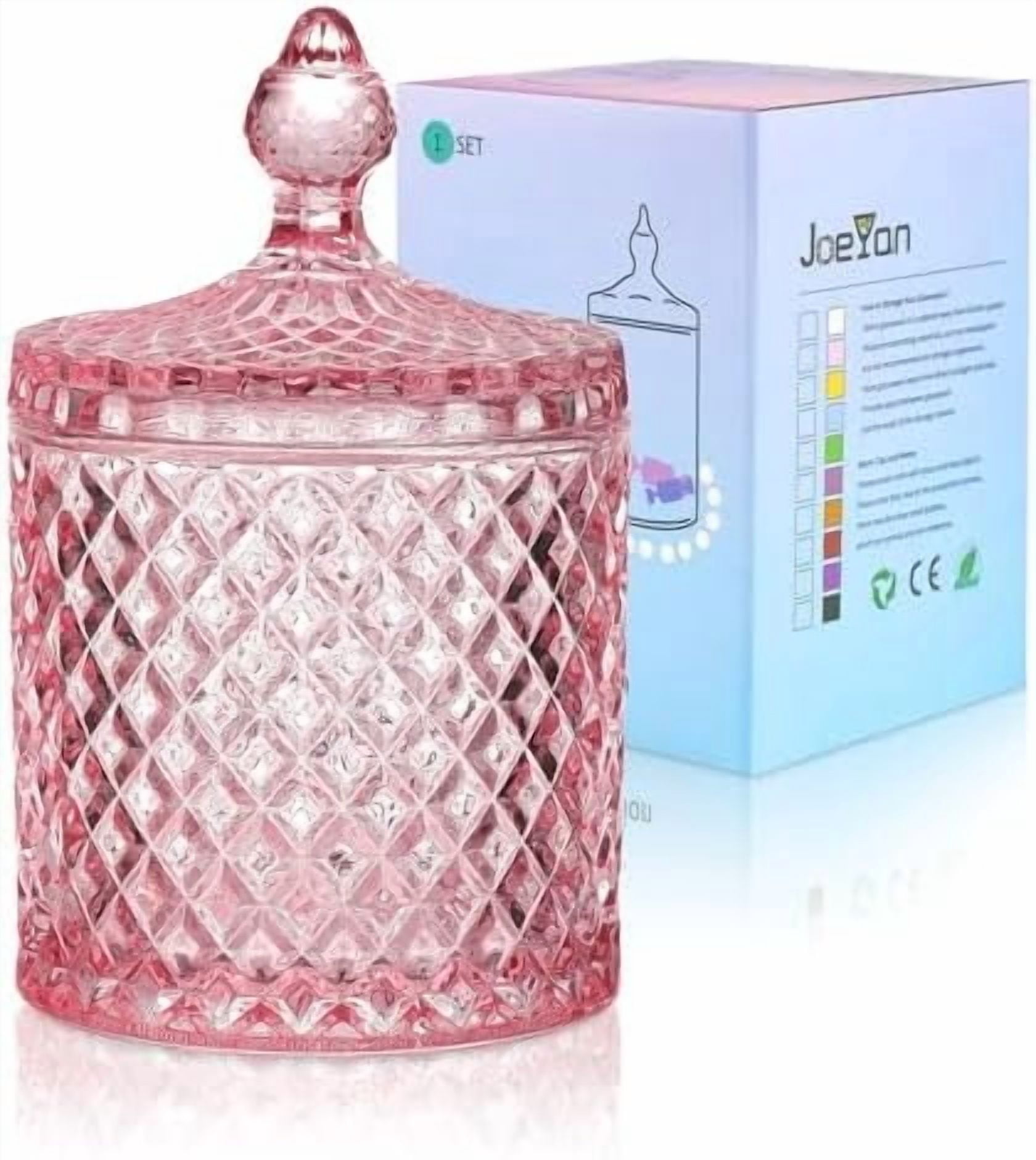 18 oz Light Pink Glass Jars with Lid,Embossed Candy Dishes,Diamond ...