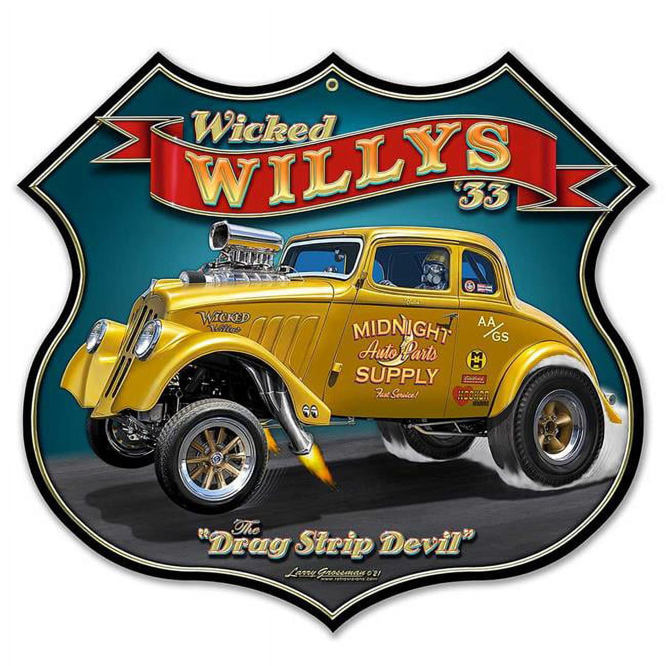 18 x 17 in. Custom Shape Wicked 1933 Willys Shield Vintage Metal Sign ...