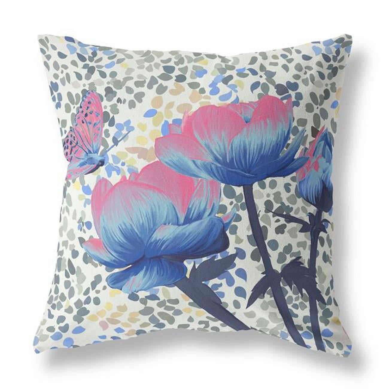 18" x 18" Pink Butterfly Blown Seam Floral Indoor Outdoor Throw Pillow ...