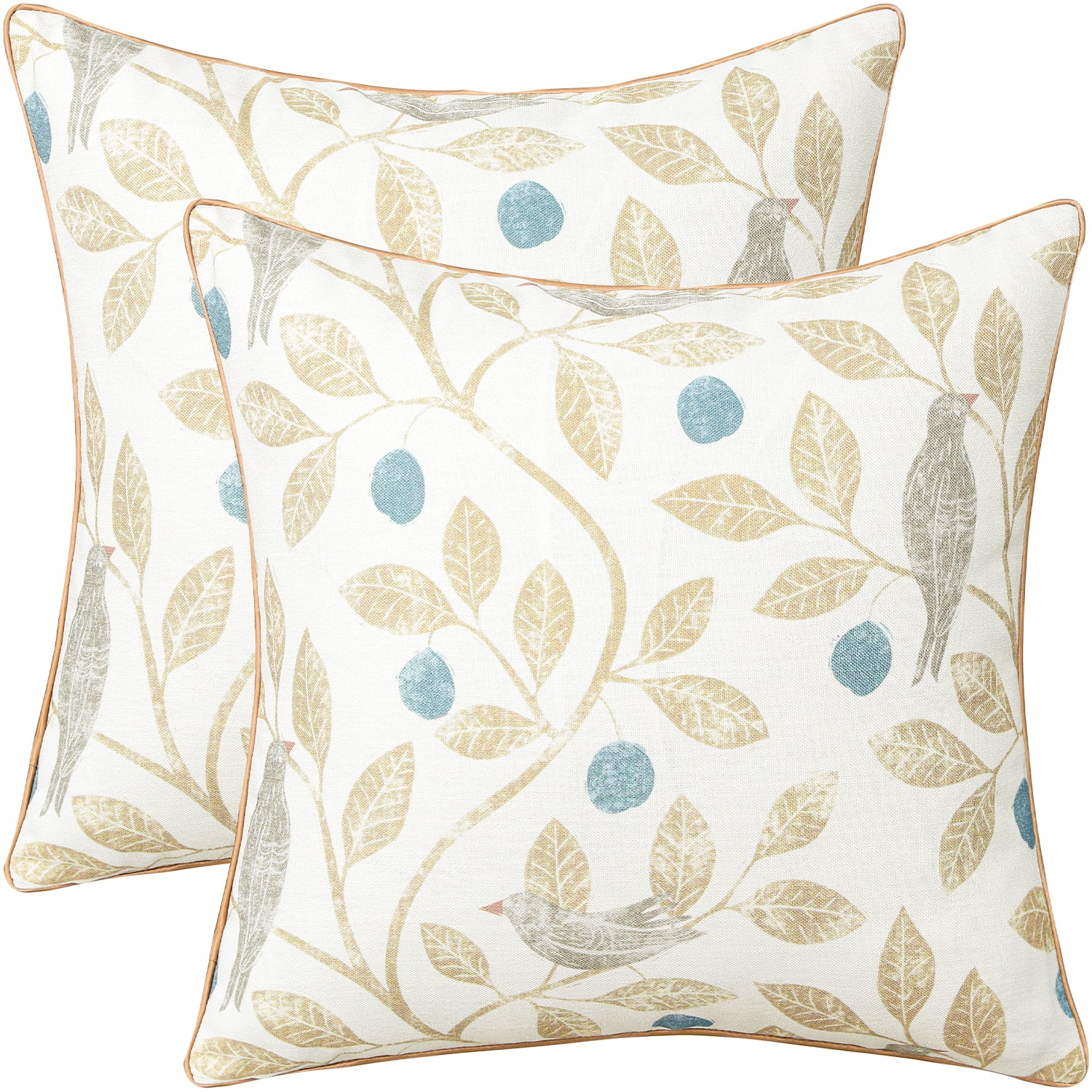 18x18'' Linen Throw Pillow Covers, 2-Pack, Bird Pattern, Decorative ...