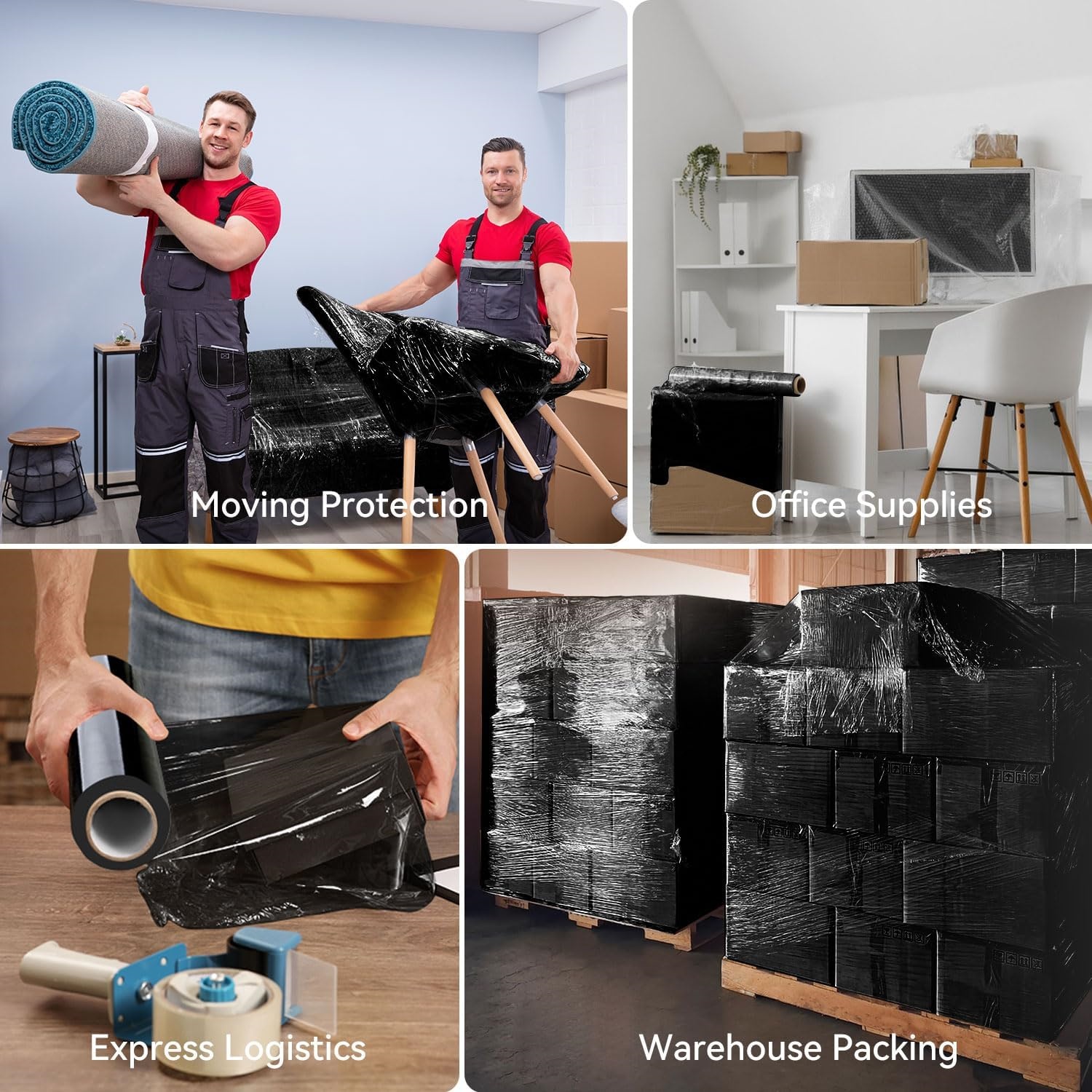 18"x1500ft Black Stretch/Shrink Wrap Roll - 80 Gauge Industrial Plastic ...