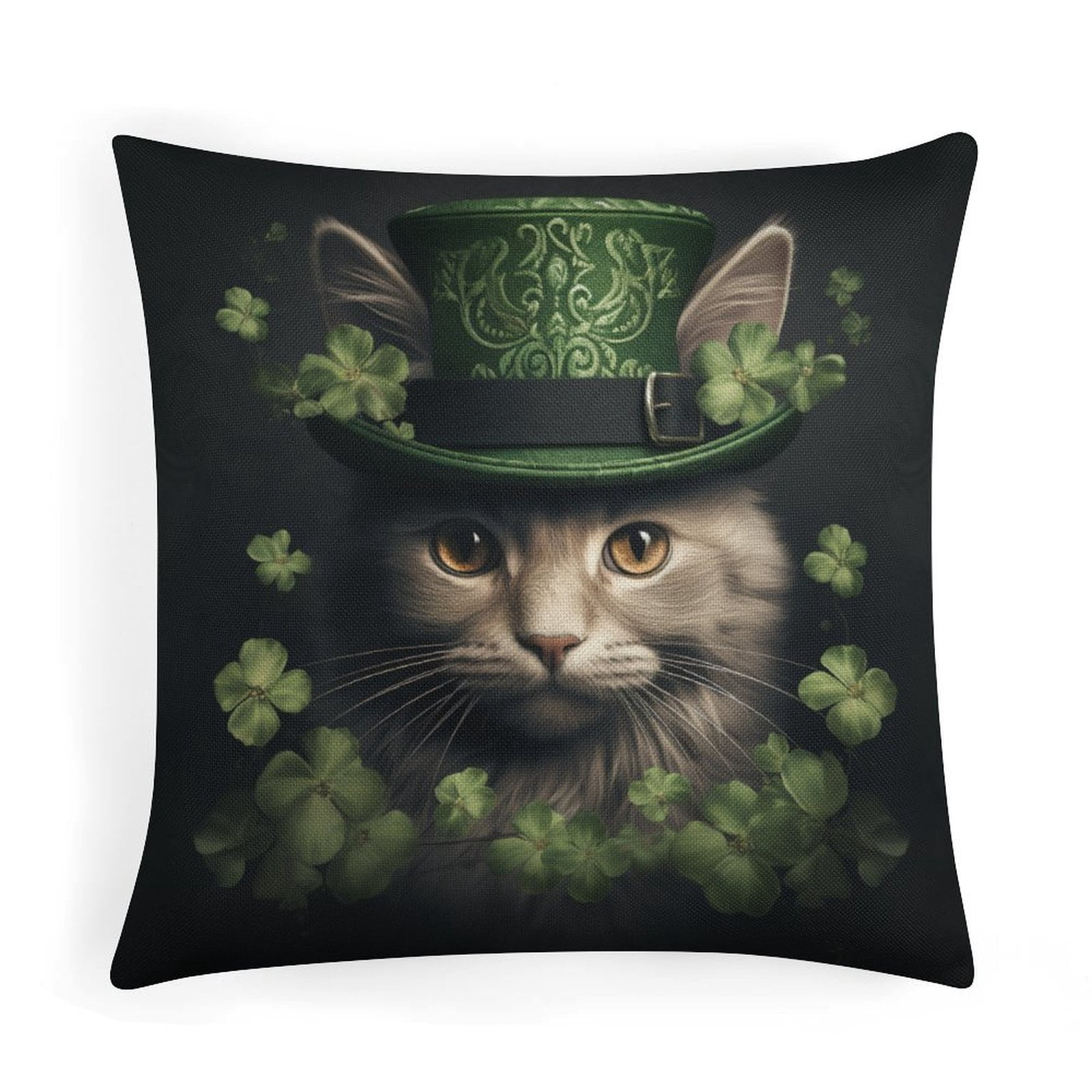 18"x18" Pillows Cover Cat Green Hat Shamrock Linen Pillow Cover Green ...
