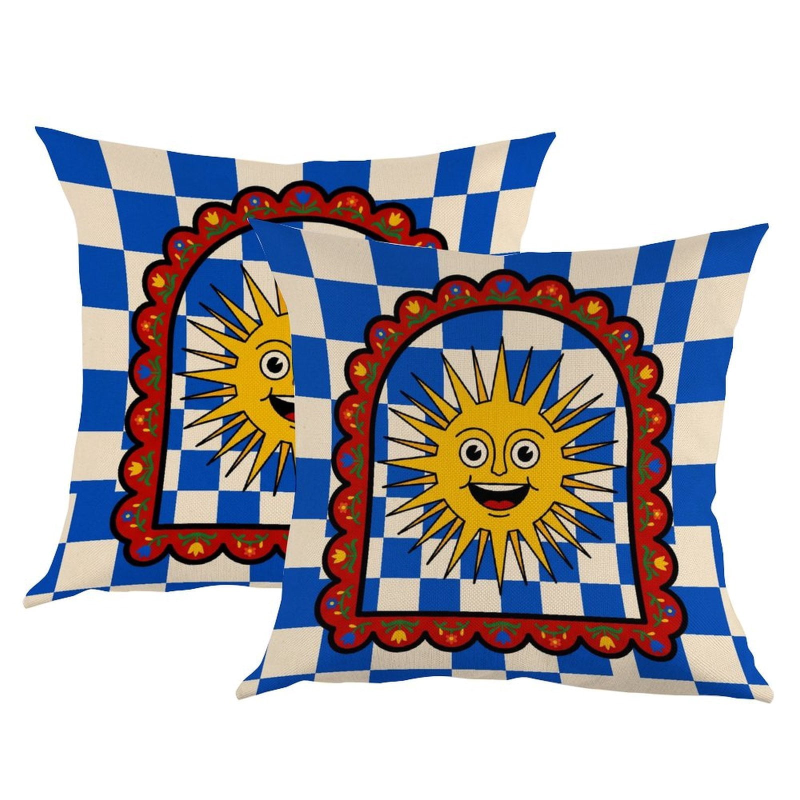 18"x18" Waterproof Pillowcases, Folk Art Smiling Sun Floral ...