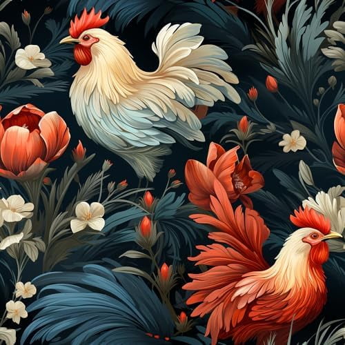 18"x236" Boho Dark Leaves Farm Rooster Chicken Peel and Stick Wallpaper ...