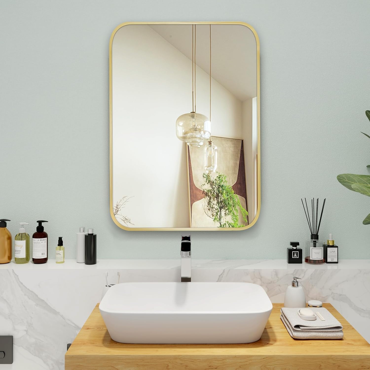 18"x24" Matte Gold Mirror for Wall, Brushed Metal Framed Rounded Corner ...