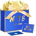 18-year-old blue birthday gift bag with card, tissue paper, and ribbon ...