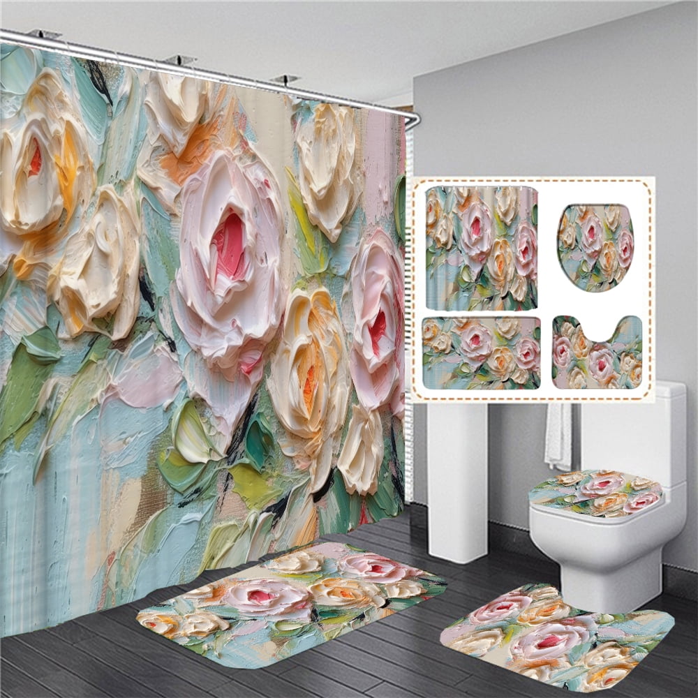 180*180cm Shower Curtain Art Flowers Bathroom Curtains Set Floral Bath ...