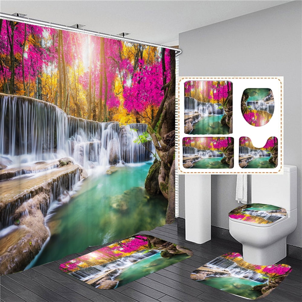 180*180cm Waterfall Forest Fabric Shower Curtains Bath Mat Anti-skid ...