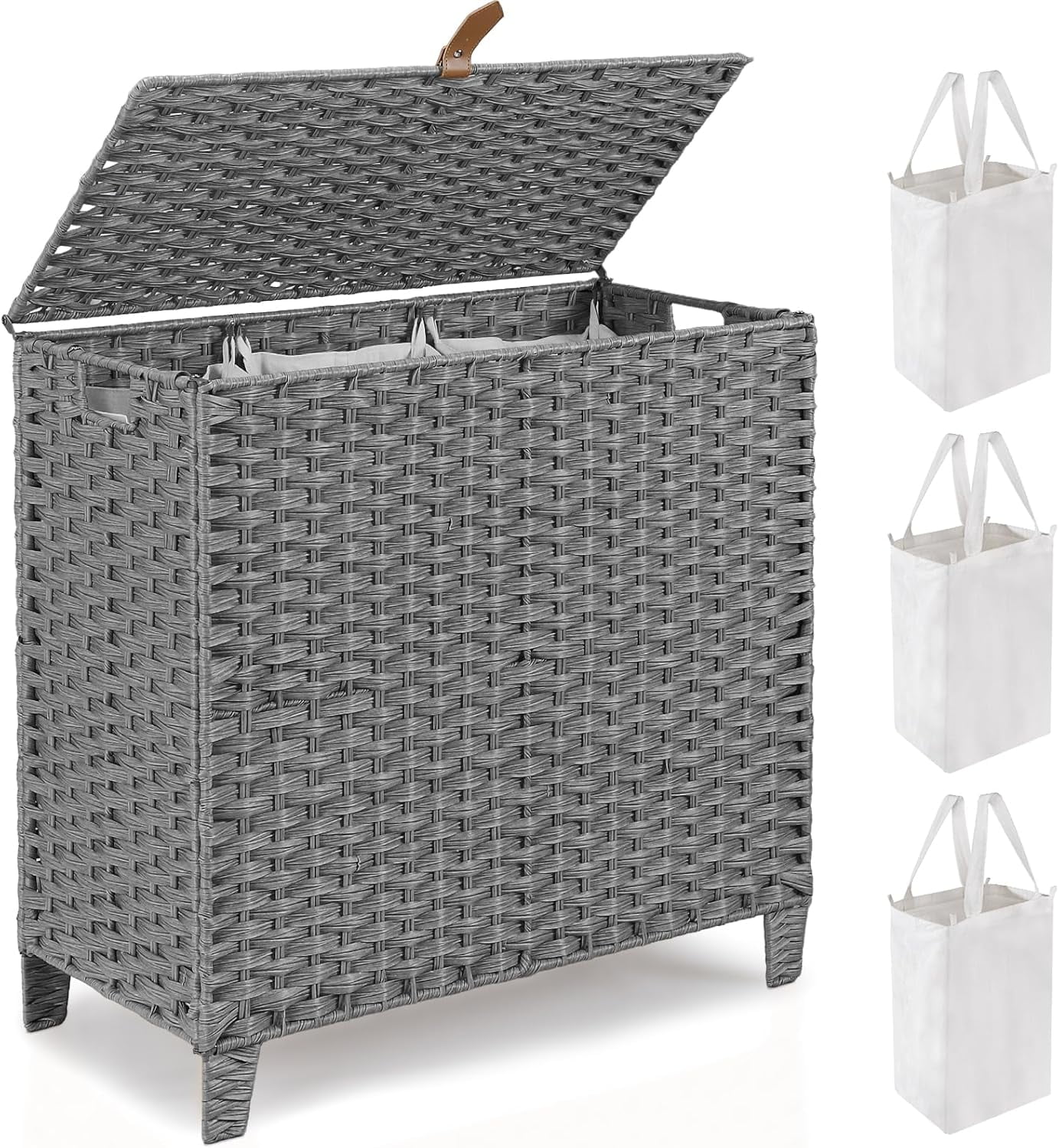 180 L Wicker Laundry Hamper with Lid 3 Section, Extra Large HandWoven ...