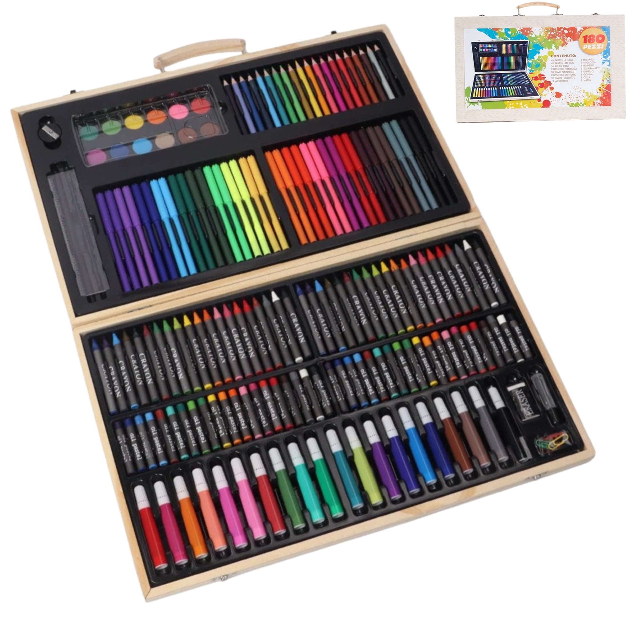 180 Piece Art Set, Wooden Box & Drawing Kit with Crayons,Oil Pastels ...