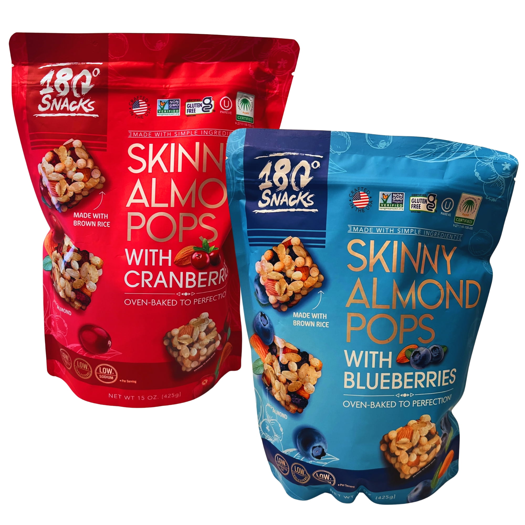 180 Snacks Skinny Almond Pops with Cranberries and Blueberries, Crunchy Brown Rice Snack, Oven ...