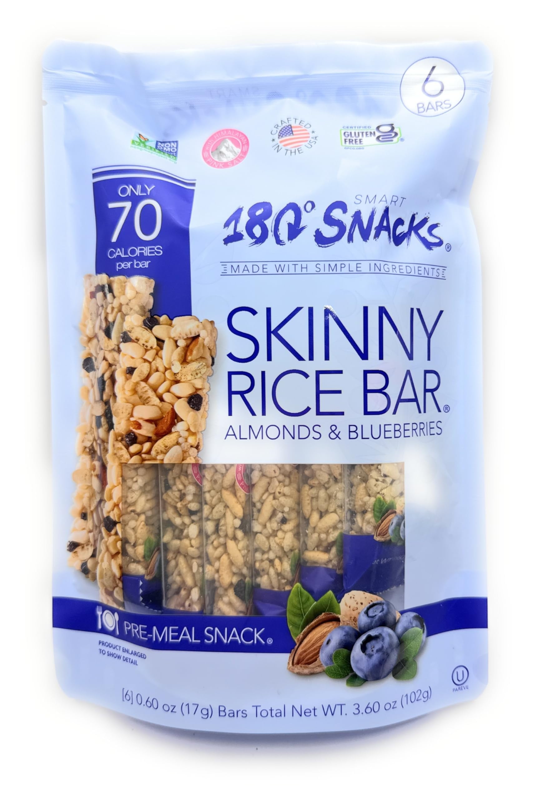 180 Snacks, Skinny Rice Bars, Almond & H2FSDBlueberries, 6 Bars ...