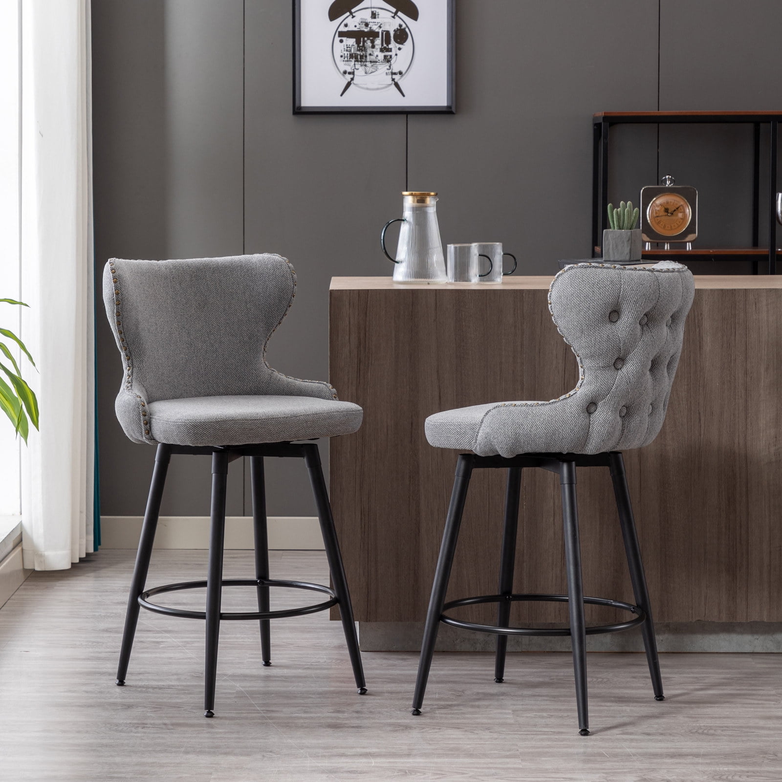 180° Swivel Bar Stools Set of 2, Modern Leathaire Fabric Bar Chairs ...