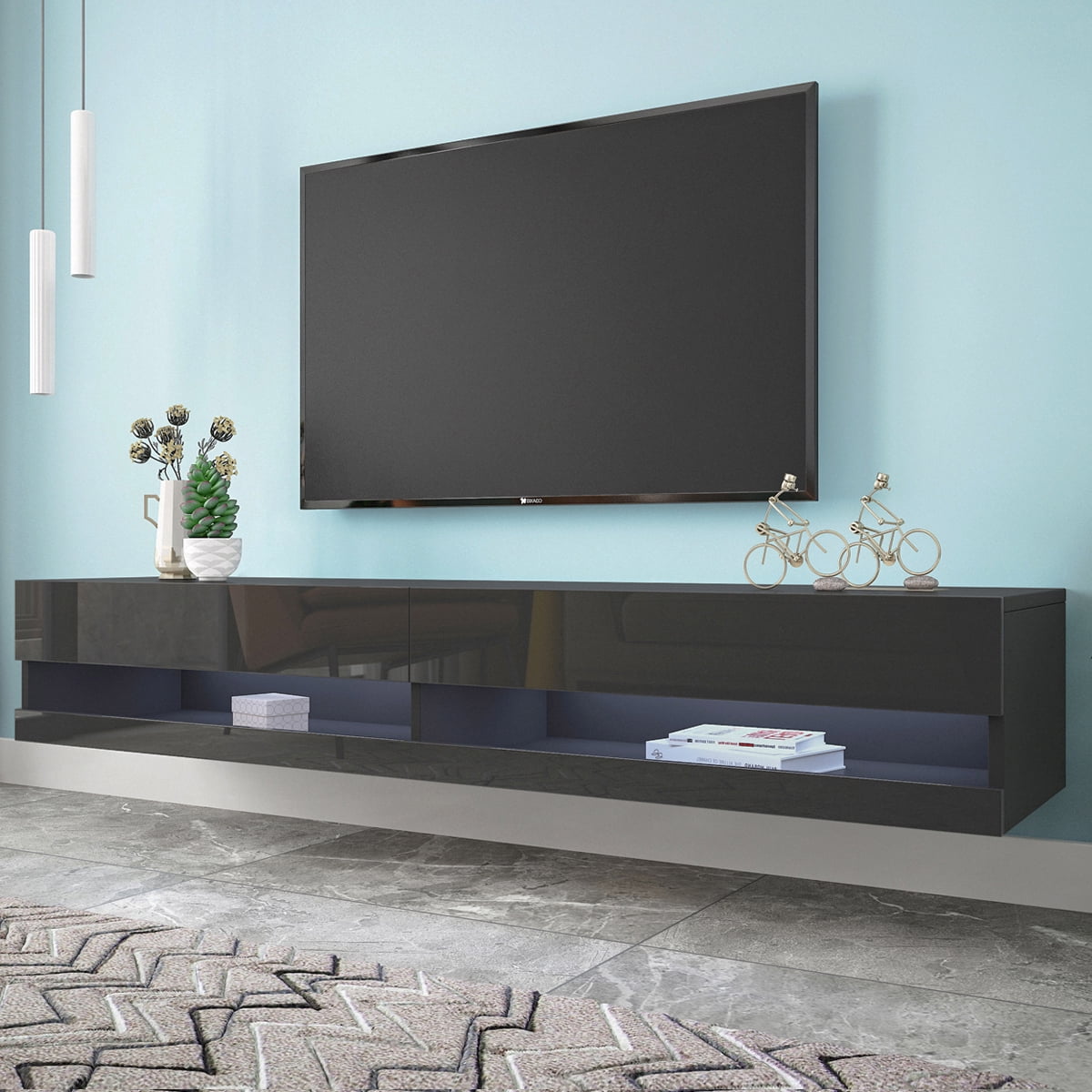 "180 Wall Mounted Floating 80"" TV Stand with 20 Color LEDs Black ...