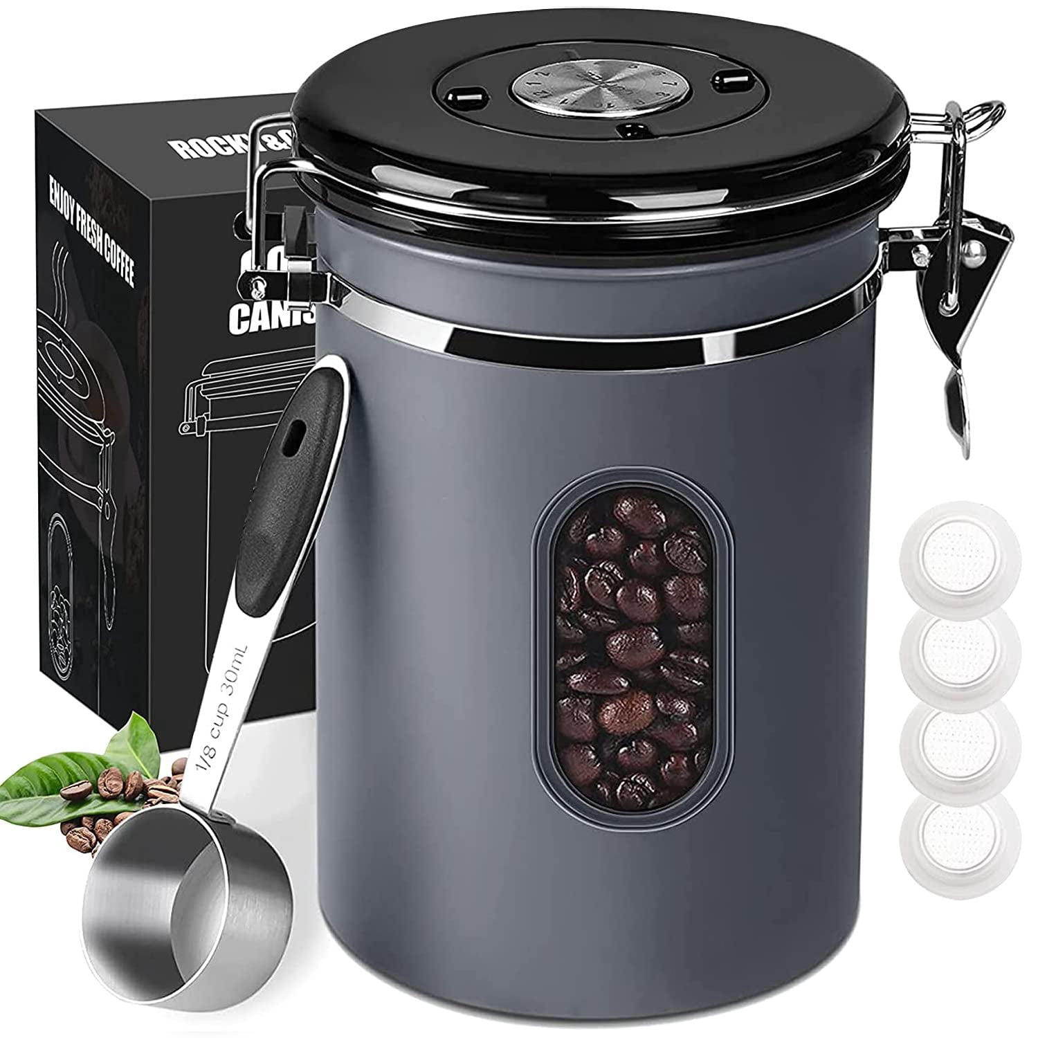 1800ML Airtight Coffee Canister with Date Tracker&Transparent Window ...