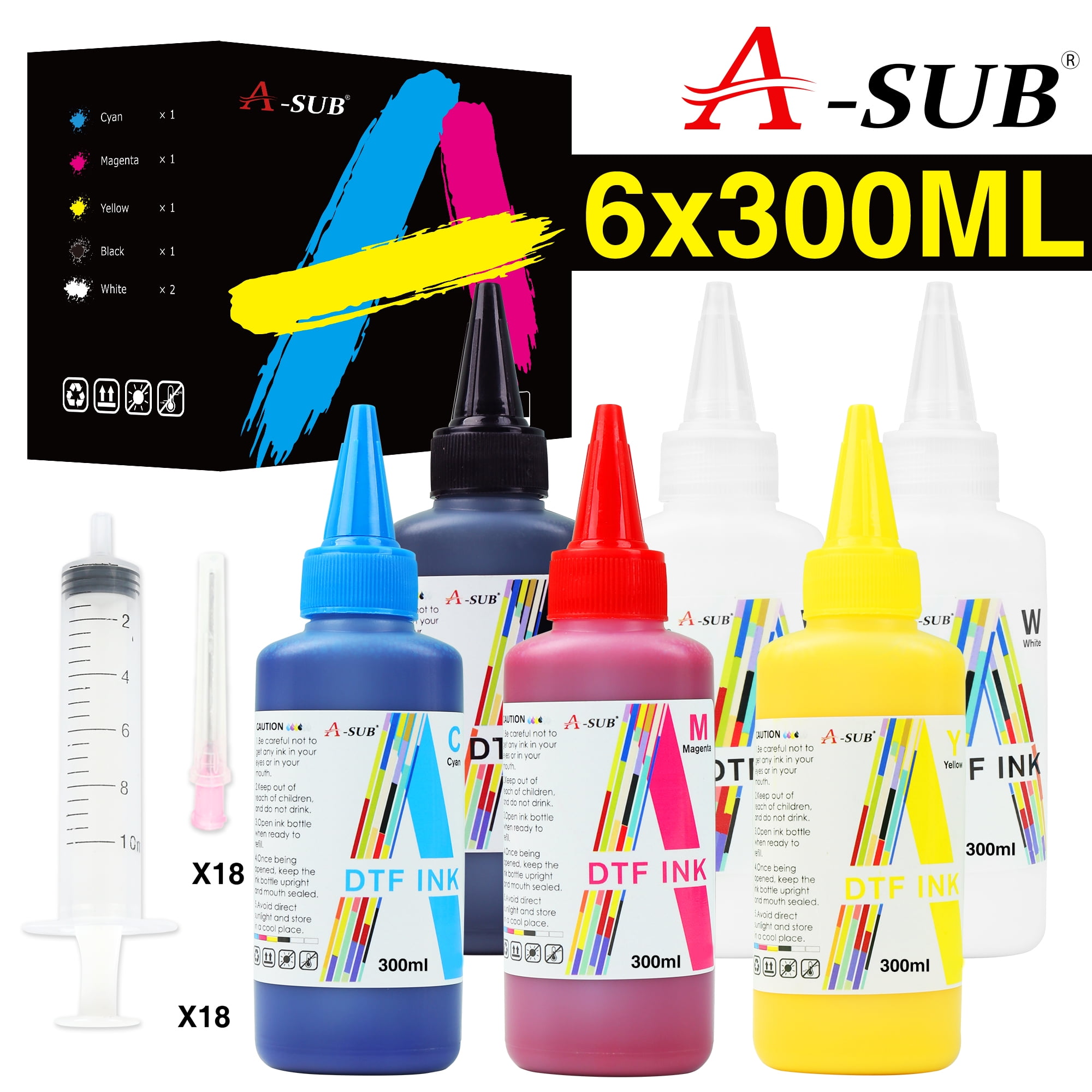 Bulk A-SUB DTF INK for Epson DTF Printers ET-8550 L1800 L805 XP-15000 1430 1400 R1390, 6W+3Y+3C ...