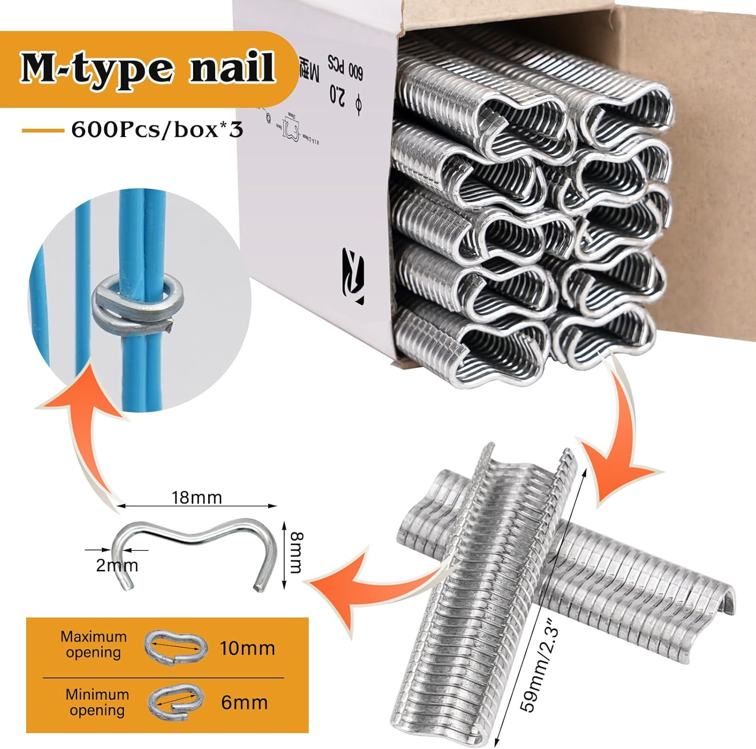 1800Pcs Type M Nail Ring, Wire Cage Clips, Galvanized Steel M Clips Hog ...