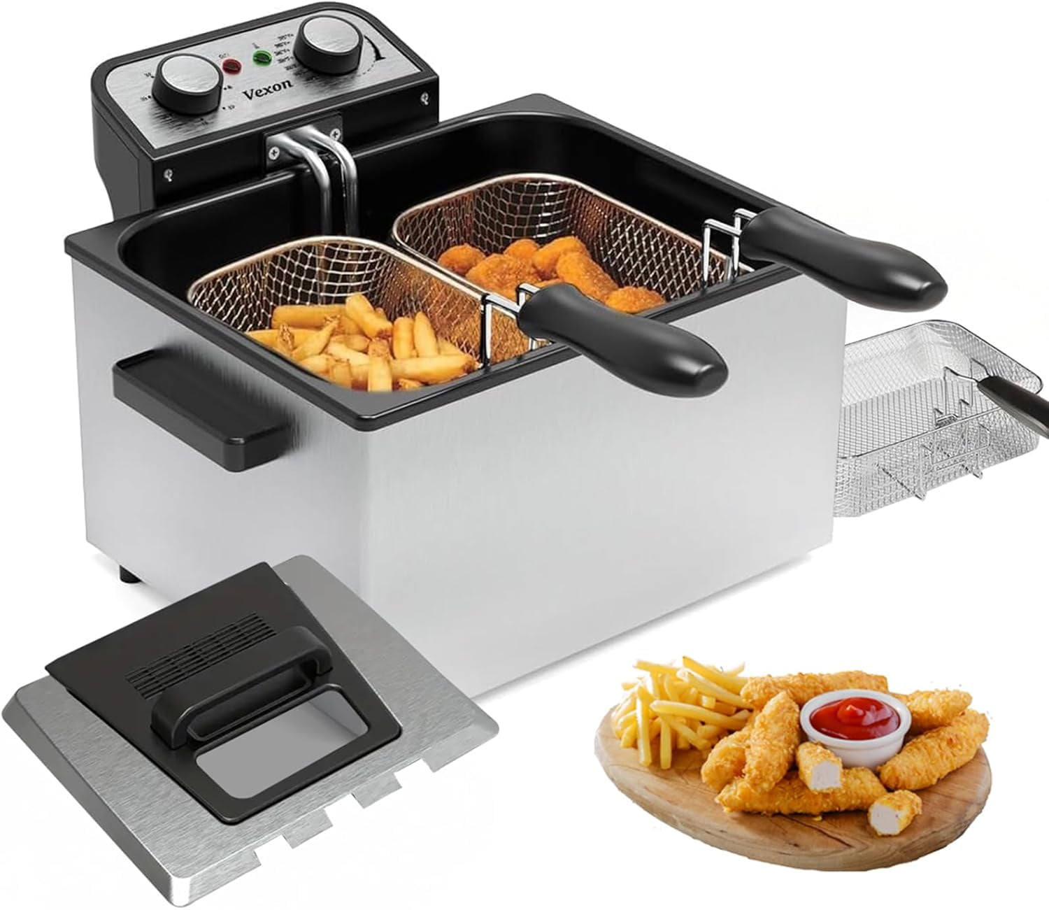 1800W 5 Liters/21 Cups Large Electric Deep Fryer with 3 Frying Baskets ...