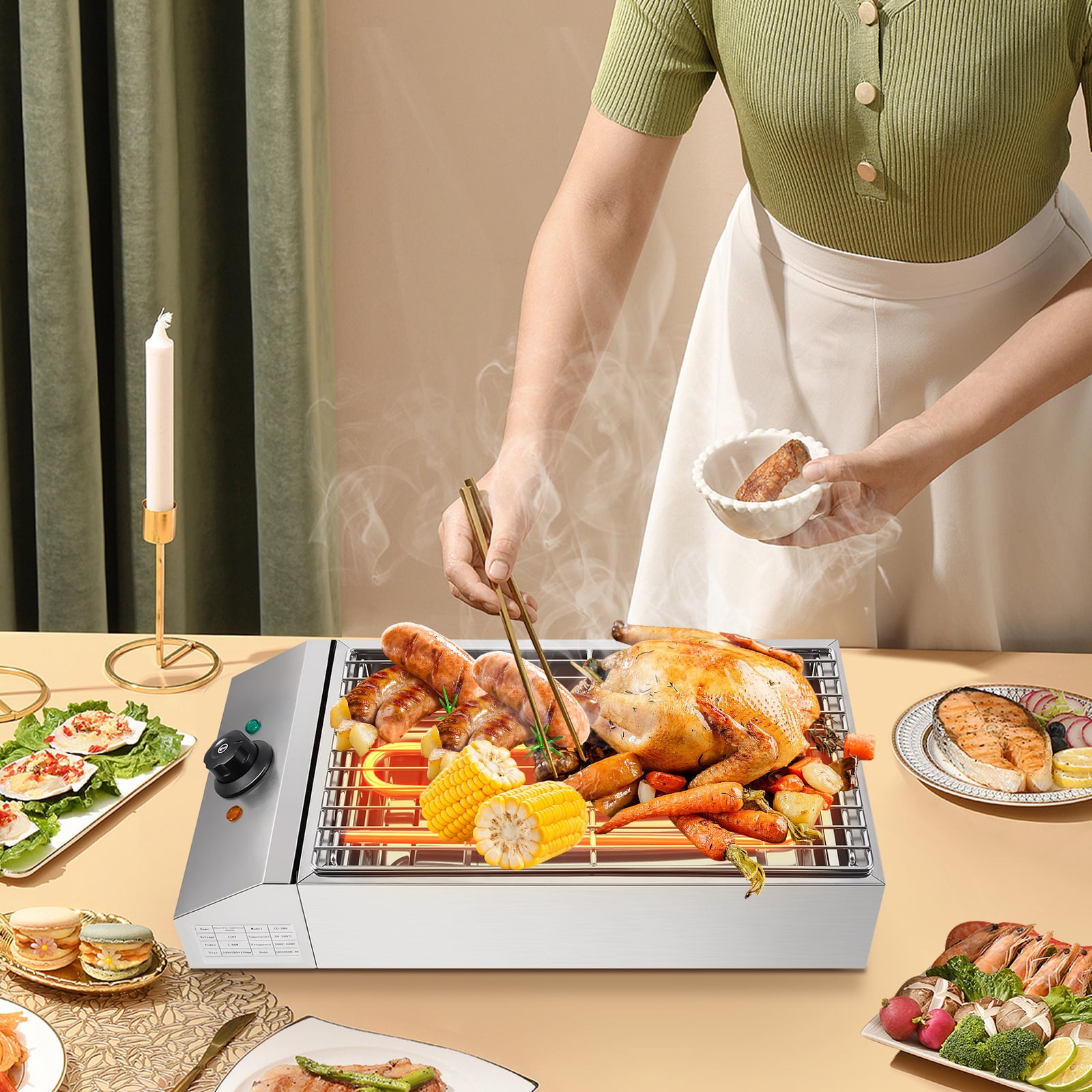 1800W Portable Smokeless Electric BBQ Grill, Stainless Steel Countertop ...