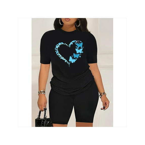 180G Playful Charm, Women'S Casual Butterfly Heart Pattern T-Shirt ...
